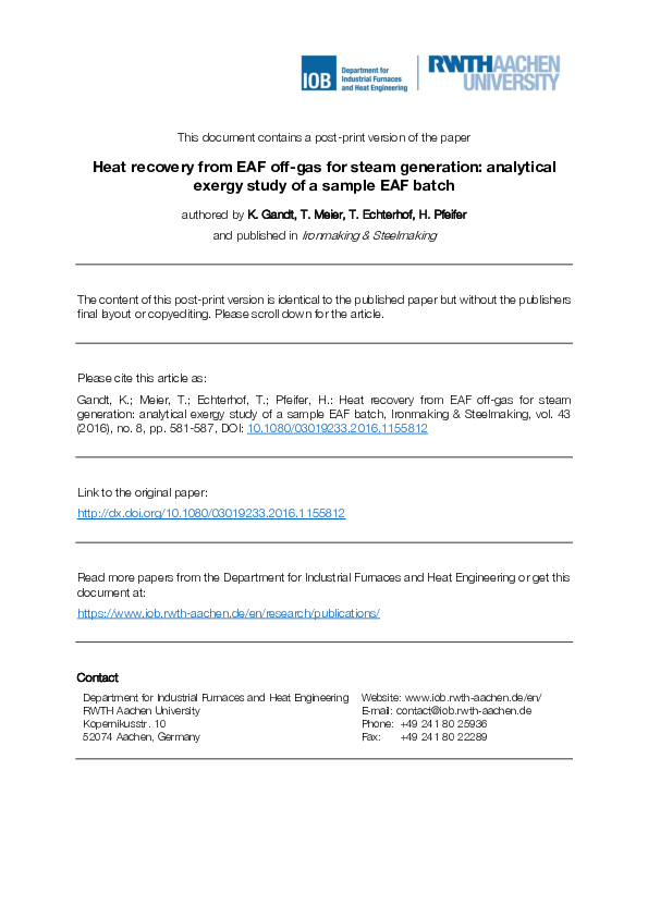 (PDF) Heat recovery from EAF off-gas for steam generation: analytical ...