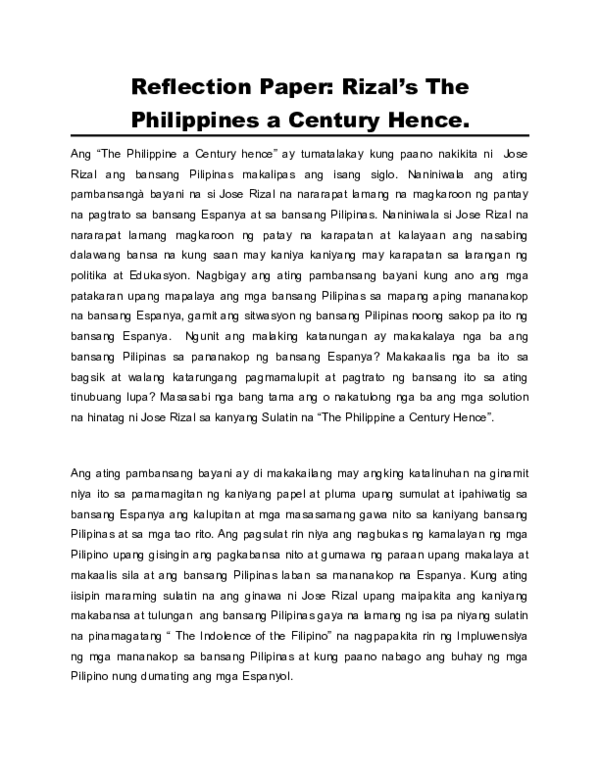 (DOC) Reflection Paper: Rizal's The Philippines a Century Hence
