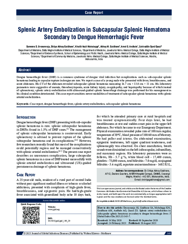 (PDF) Splenic artery embolization in subcapsular splenic hematoma ...