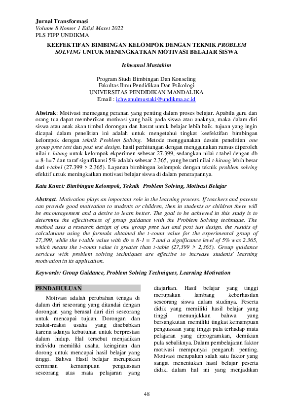 (PDF) Keefektifan Bimbingan Kelompok Dengan Teknik Problem Solving Untuk Meningkatkan Motivasi ...