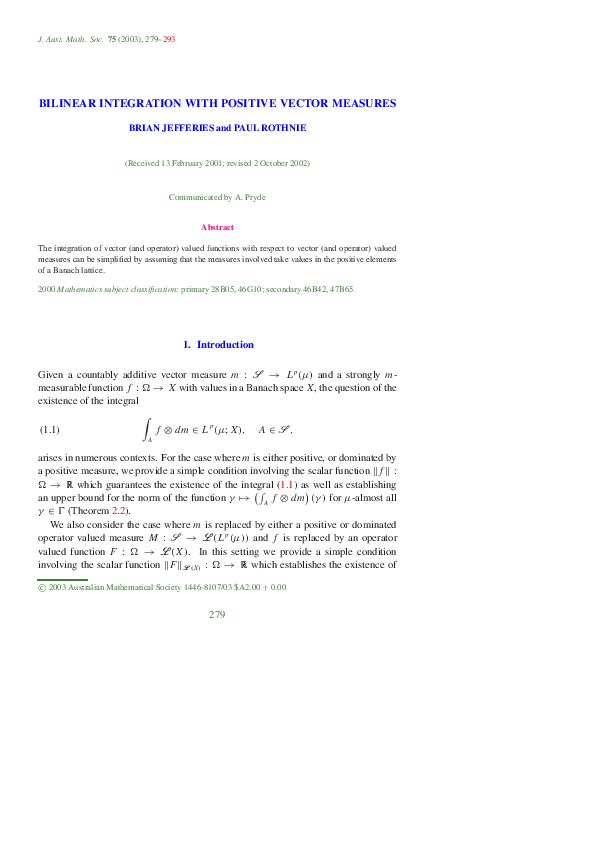 (PDF) Bilinear integration with positive vector measures | Brian Jefferies - Academia.edu