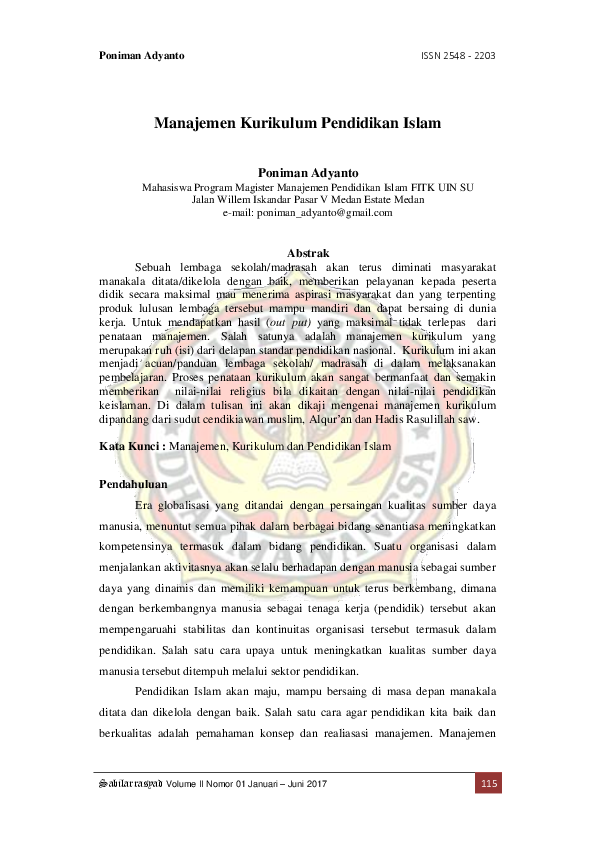 Pdf Manajemen Kurikulum Pendidikan Islam