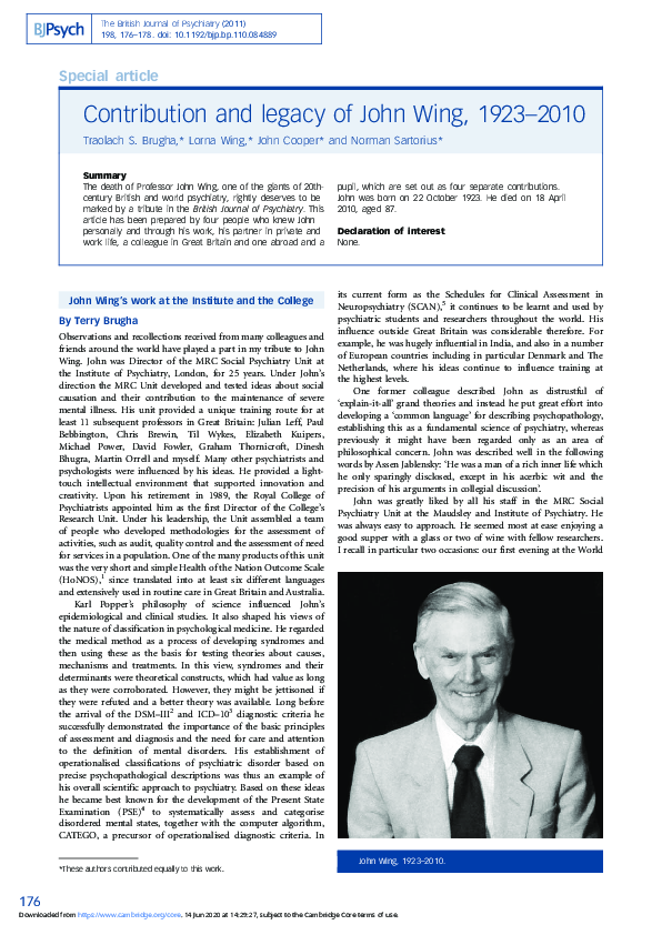(PDF) Contribution and legacy of John Wing, 1923-2010