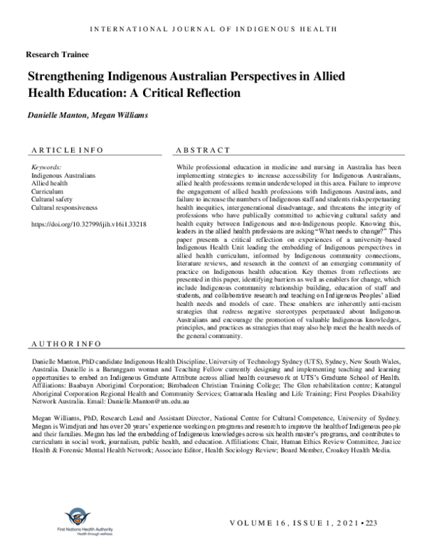 (PDF) Strengthening Indigenous Australian Perspectives in Allied Health ...