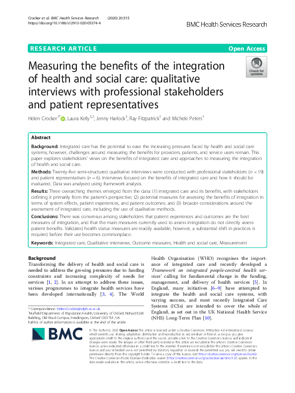 (PDF) Measuring the benefits of the integration of health and social ...