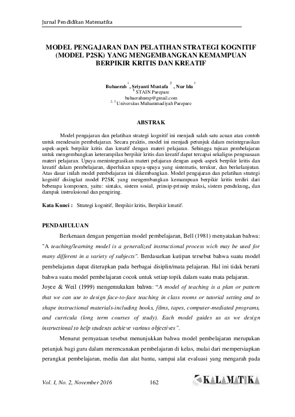 (PDF) Model Pengajaran Dan Pelatihan Strategi Kognitif (Model P2SK) Yang Mengembangkan Kemampuan ...