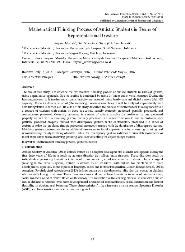 (PDF) Mathematical Thinking Process of Autistic Students in Terms of Representational Gesture