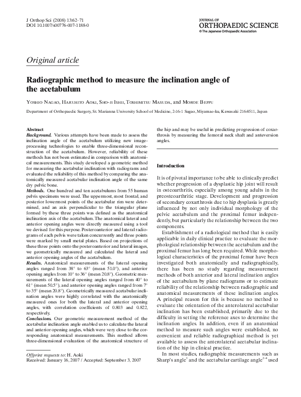 (PDF) Radiographic method to measure the inclination angle of the acetabulum