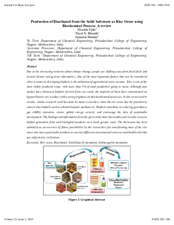 (PDF) Production of Bioethanol from the Solid Substrate as Rice Straw using Biochemical Process ...