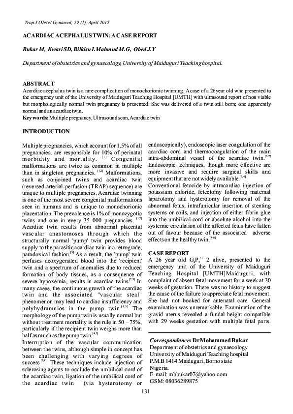 (PDF) Acardiac acephalus twin: A case report