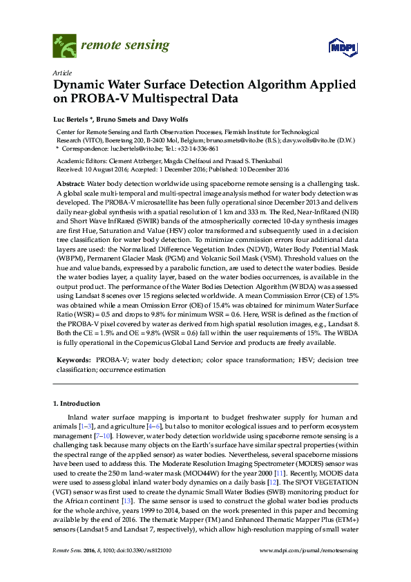 Pdf Dynamic Water Surface Detection Algorithm Applied On Proba V