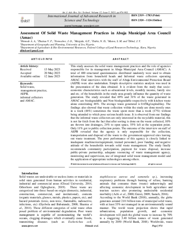 (PDF) Assessment Of Solid Waste Management Practices in Abuja Municipal Area Council (Amac