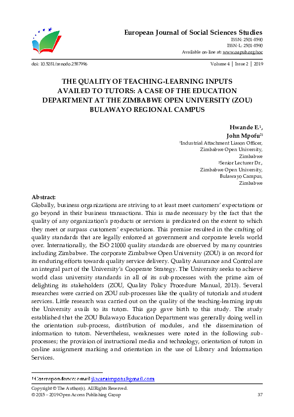 (PDF) The Quality of Teaching-Learning Inputs Availed to Tutors: A Case ...