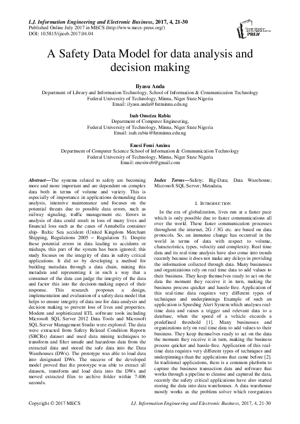 (PDF) A Safety Data Model for data analysis and decision making