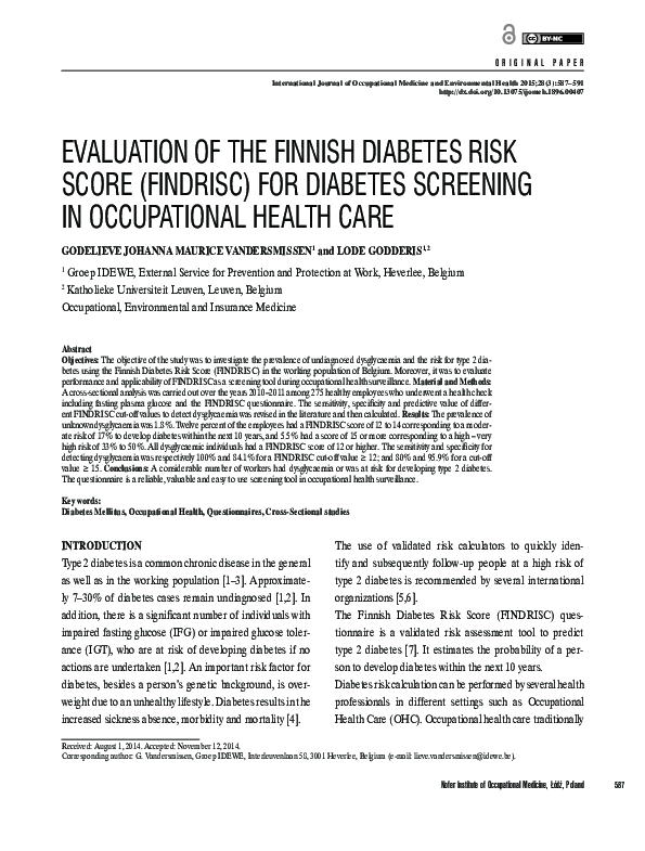(PDF) Evaluation of the Finnish Diabetes Risk Score (FINDRISC) as a ...