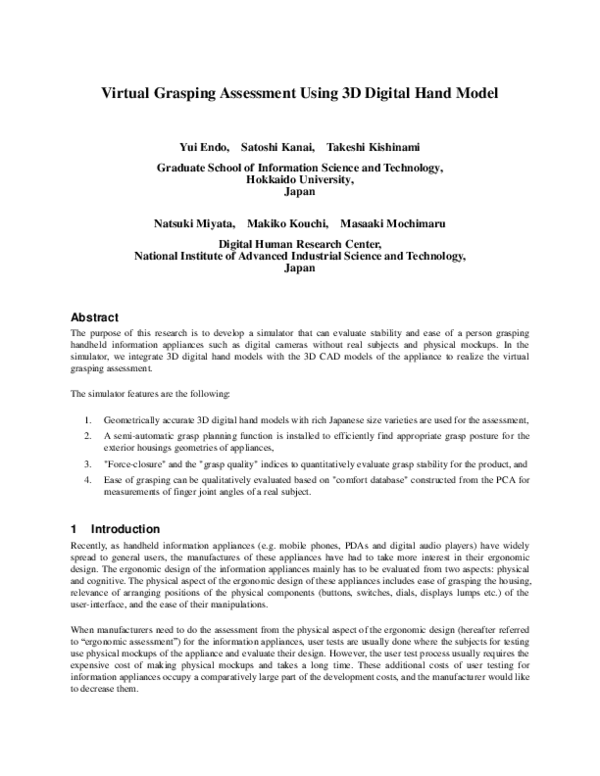 (PDF) Virtual Grasping Assessment Using 3D Digital Hand Model
