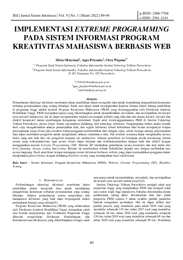 (PDF) Implementasi Extreme Programming Pada Sistem Informasi Program Kreativitas Mahasiswa ...