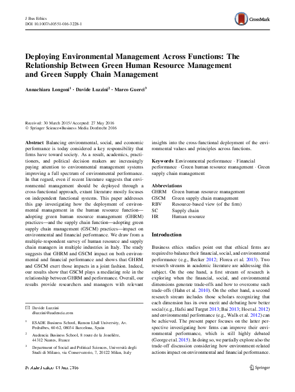 (PDF) Deploying Environmental Management Across Functions: The Relationship Between Green Human ...