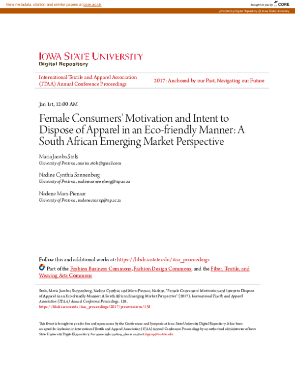 (PDF) Female Consumers\u27 Motivation and Intent to Dispose of Apparel in an Eco-friendly Manner ...
