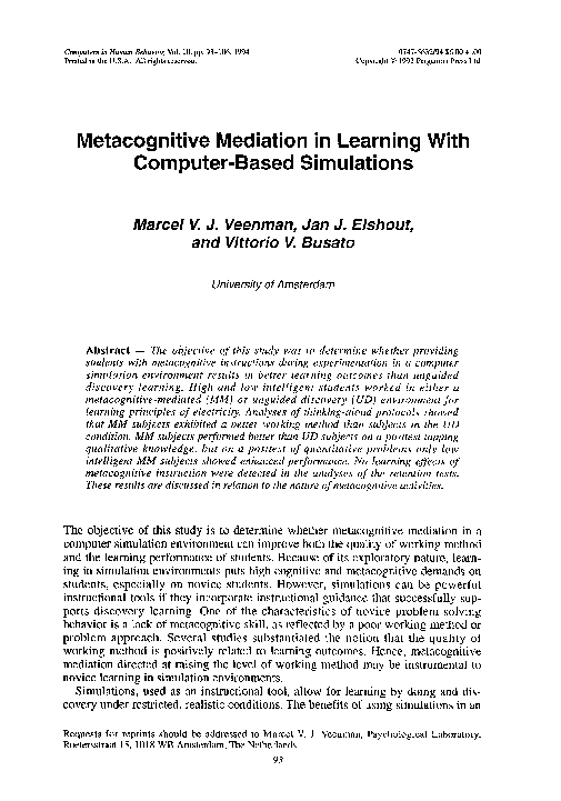 (PDF) Metacognitive mediation in learning with computer-based simulations