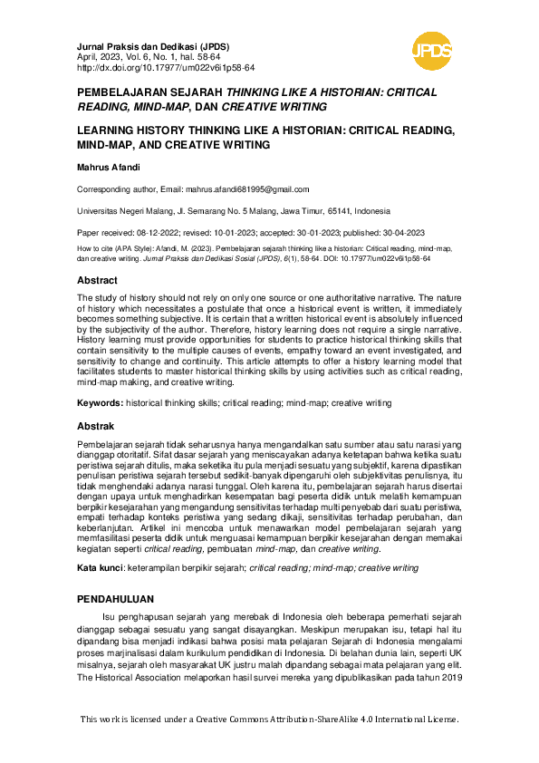 (PDF) Pembelajaran Sejarah Thinking Like a Historian: Critical Reading ...