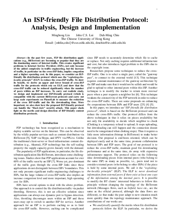 (PDF) An ISP-Friendly File Distribution Protocol: Analysis, Design, and Implementation