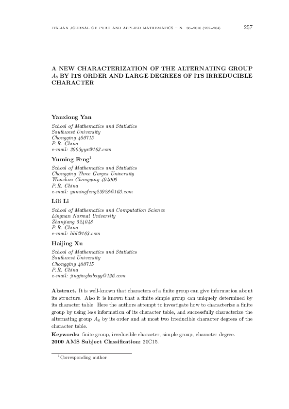 (PDF) A New Characterization of the Alternating Group a 8 by Its Order ...
