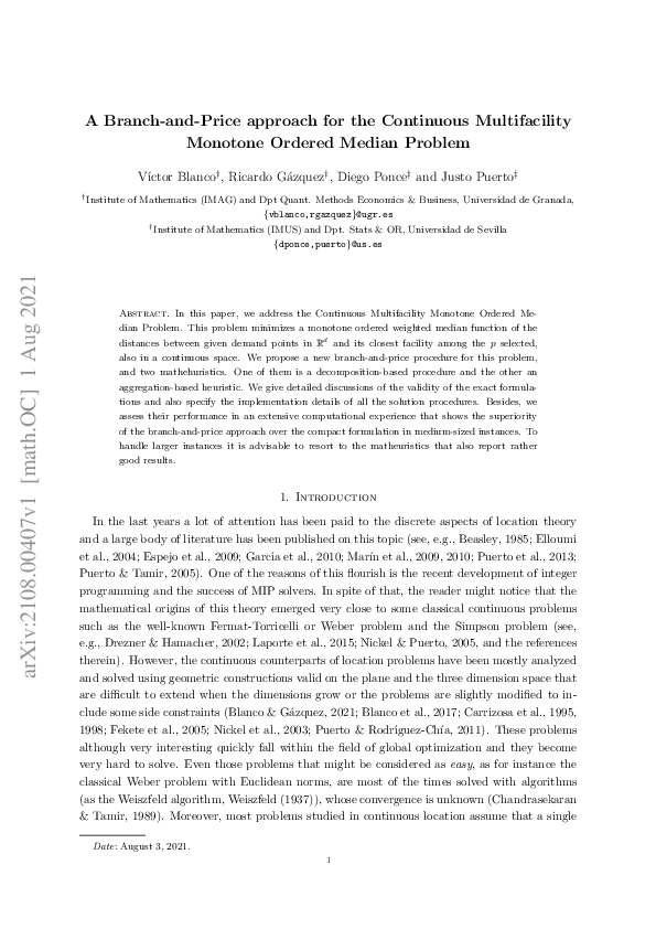 (PDF) A branch-and-price approach for the continuous multifacility monotone ordered median problem