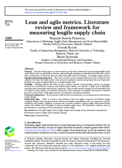 Pdf Lean And Agile Metrics Literature Review And Framework For Measuring Leagile Supply Chain