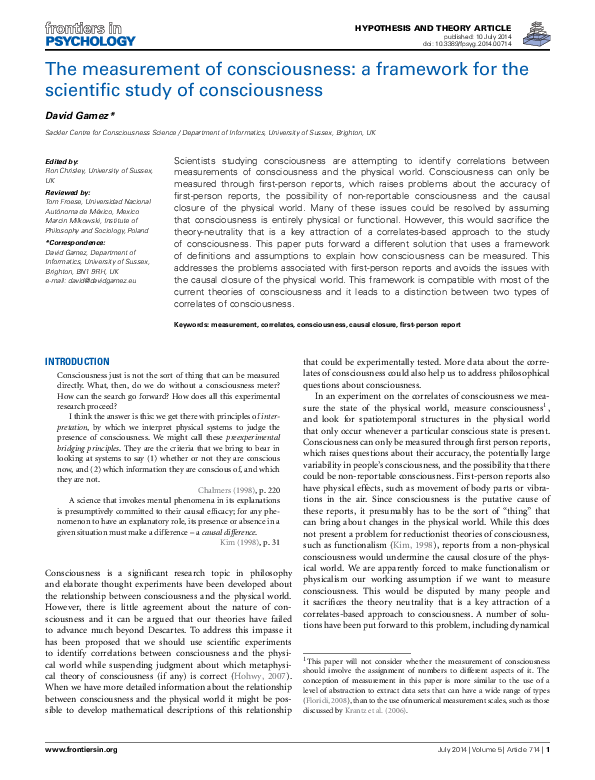 (PDF) The measurement of consciousness: a framework for the scientific ...