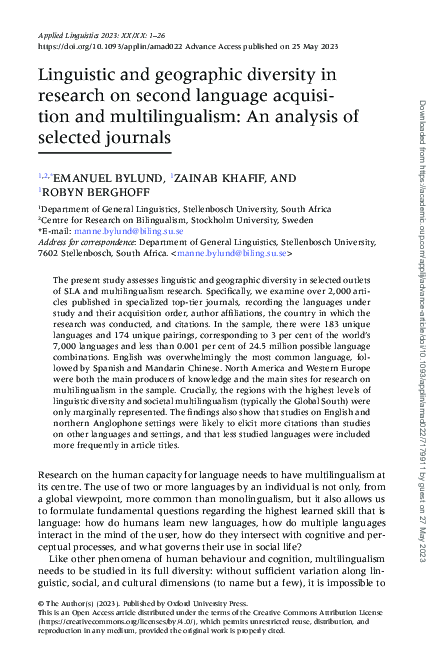 (PDF) Linguistic and geographic diversity in research on second ...