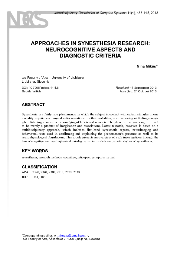 (PDF) Approaches in Synesthesia Research: Neurocognitive Aspects and ...