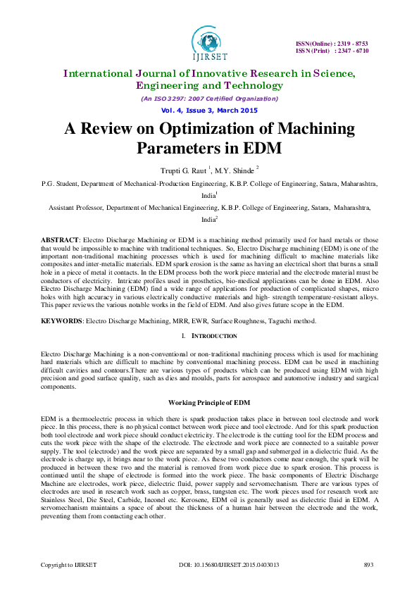 (PDF) A Review on Optimization of MachiningParameters in EDM
