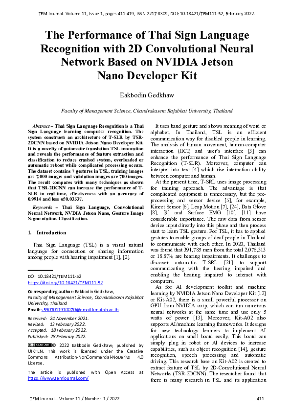 Pdf The Performance Of Thai Sign Language Recognition With 2d Convolutional Neural Network
