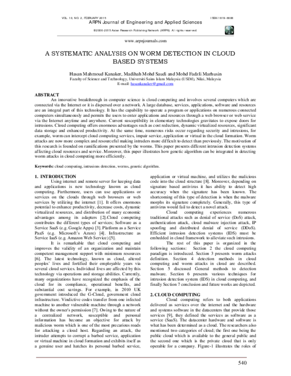 (PDF) A Systematic Analysis on Worm Detection in Cloud Based Systems