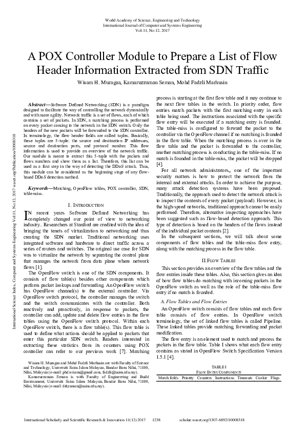 Pdf A Pox Controller Module To Prepare A List Of Flow Header Information Extracted From Sdn