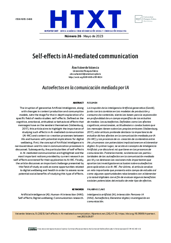 (PDF) Self-effects in AI-mediated communication | Revista Hipertext.net ... (PDF) Self-effects in AI-mediated communication | Revista Hipertext.net ...