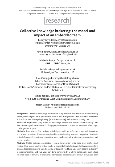 (PDF) Collective knowledge brokering: the model and impact of an embedded team