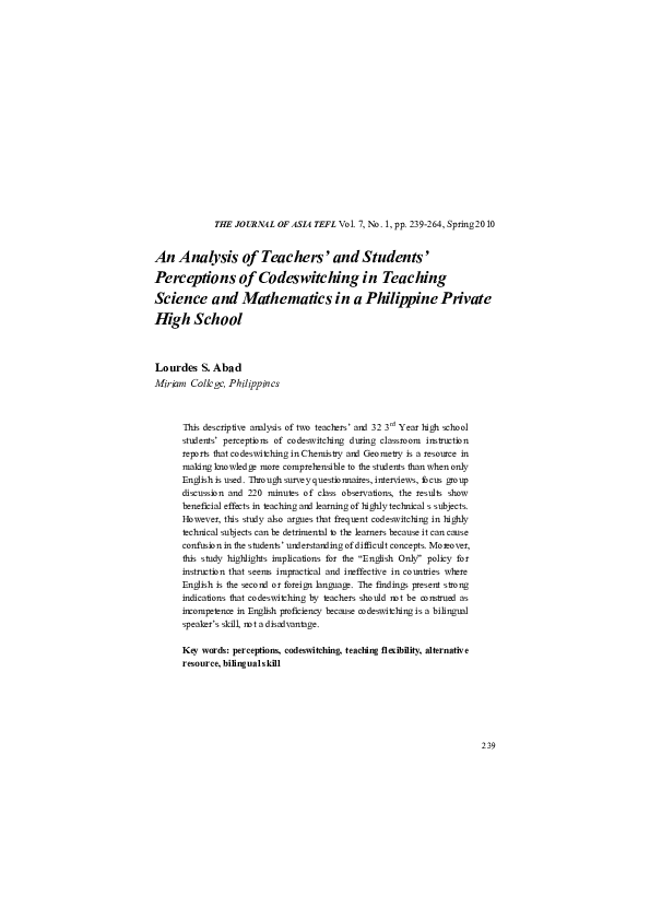 (PDF) An Analysis of Teachers' and Students' Perceptions of ...