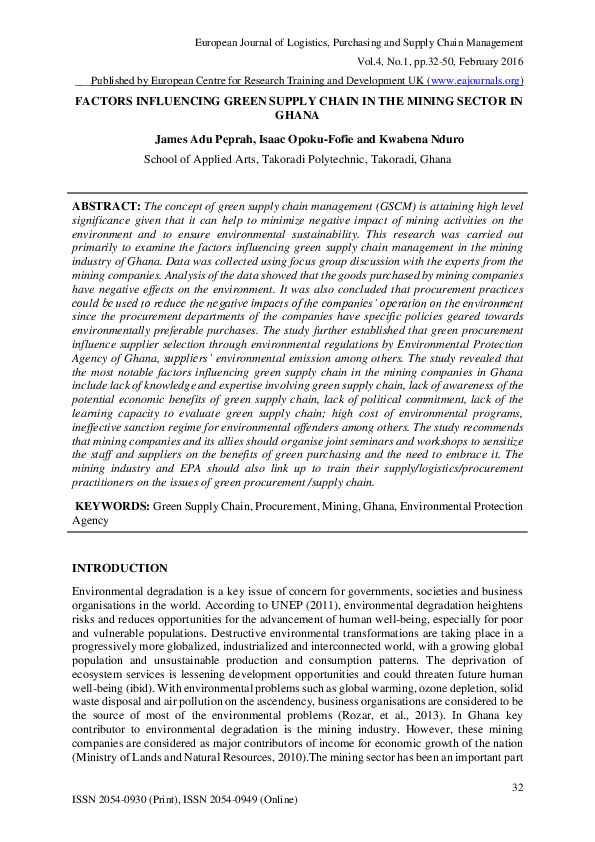 (PDF) Factors Influencing Green Supply Chain in the Mining Sector in Ghana