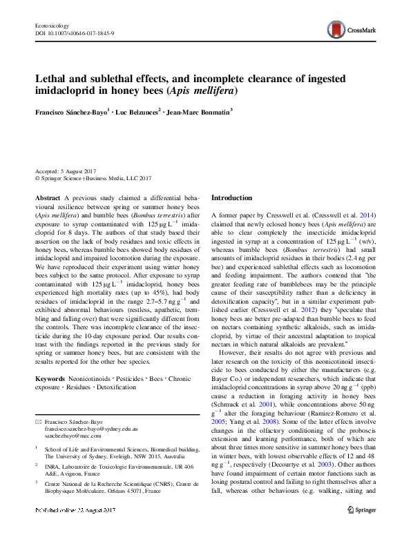 (PDF) Lethal and sublethal effects, and incomplete clearance of ingested imidacloprid in honey ...