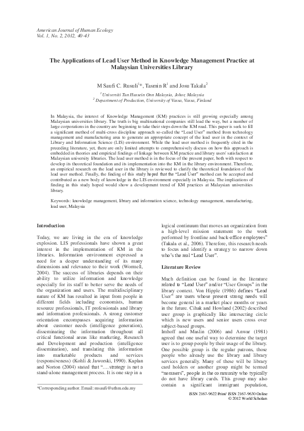 (PDF) The Applications of Lead User Method in Knowledge Management Practice at Malaysian ...