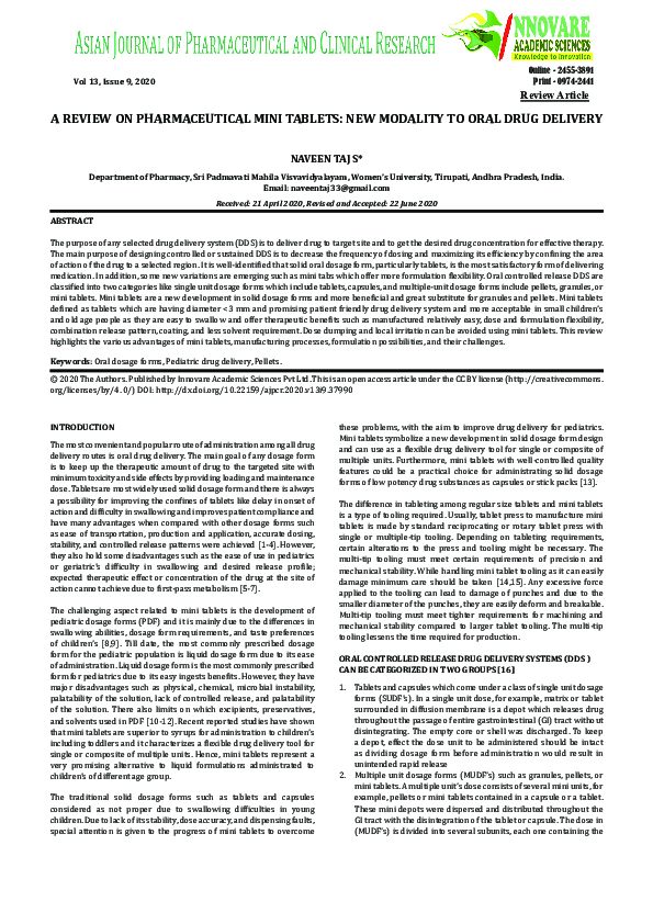 (PDF) A REVIEW ON PHARMACEUTICAL MINI TABLETS: NEW MODALITY TO ORAL ...