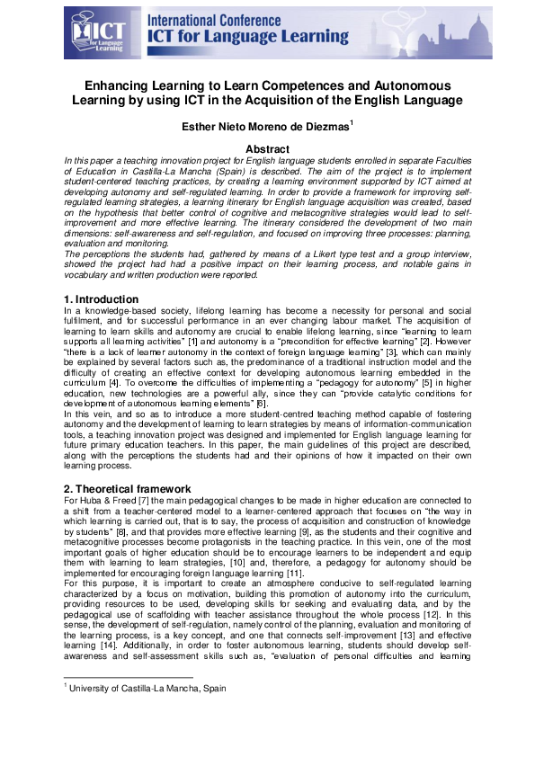 (PDF) Enhancing Learning to Learn Competences and Autonomous Learning by using ICT in the ...