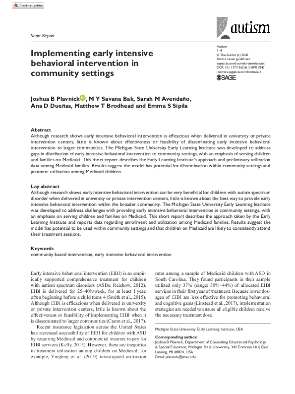 (PDF) Implementing early intensive behavioral intervention in community ...