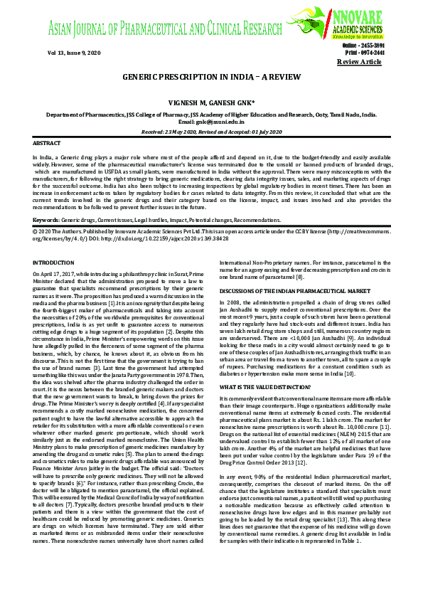 (PDF) GENERIC PRESCRIPTION IN INDIA -A REVIEW