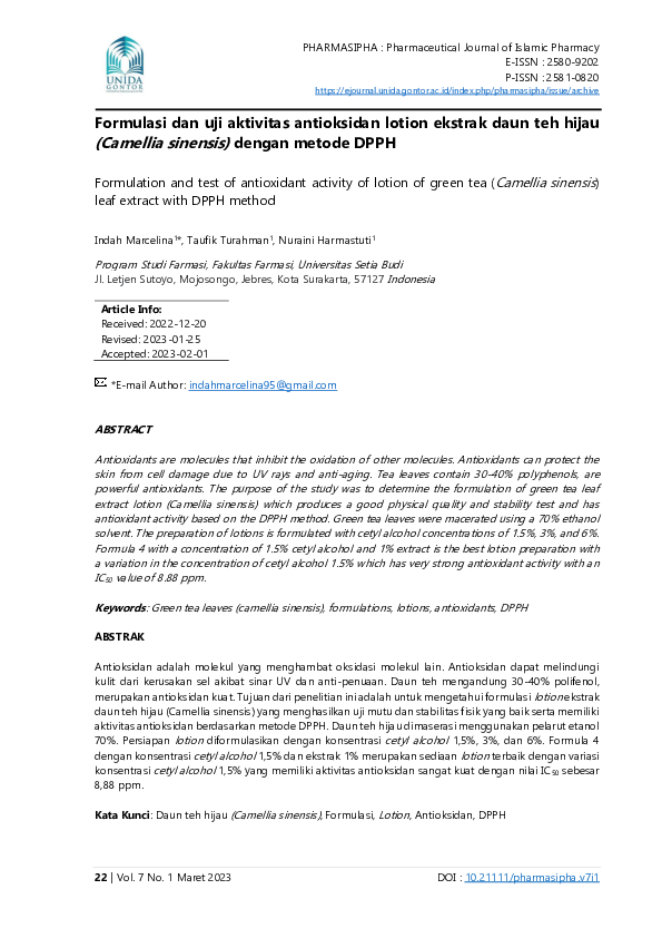 (PDF) Formulasi dan uji aktivitas antioksidan lotion ekstrak daun teh hijau (Camelia sinensis ...