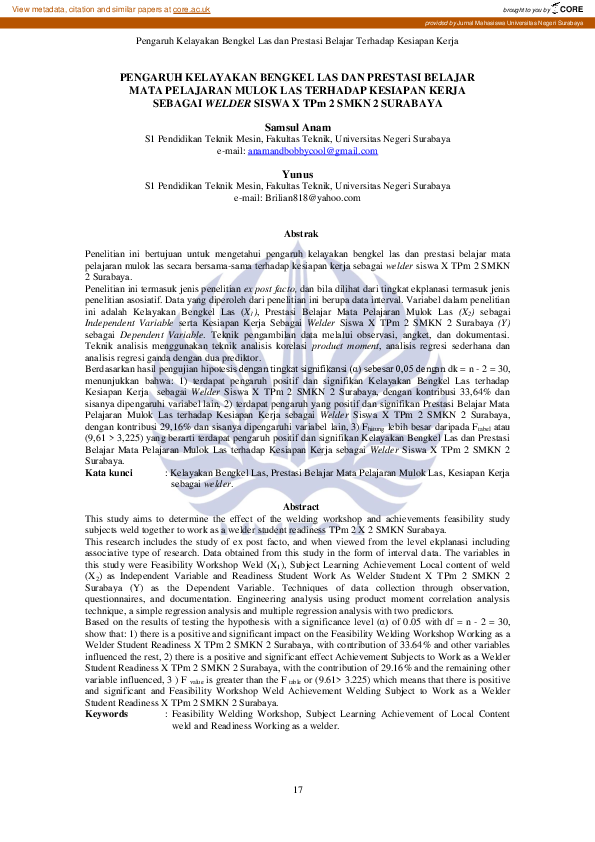 (PDF) PENGARUH KELAYAKAN BENGKEL LAS DAN PRESTASI BELAJAR MATA PELAJARAN MULOK LAS TERHADAP ...