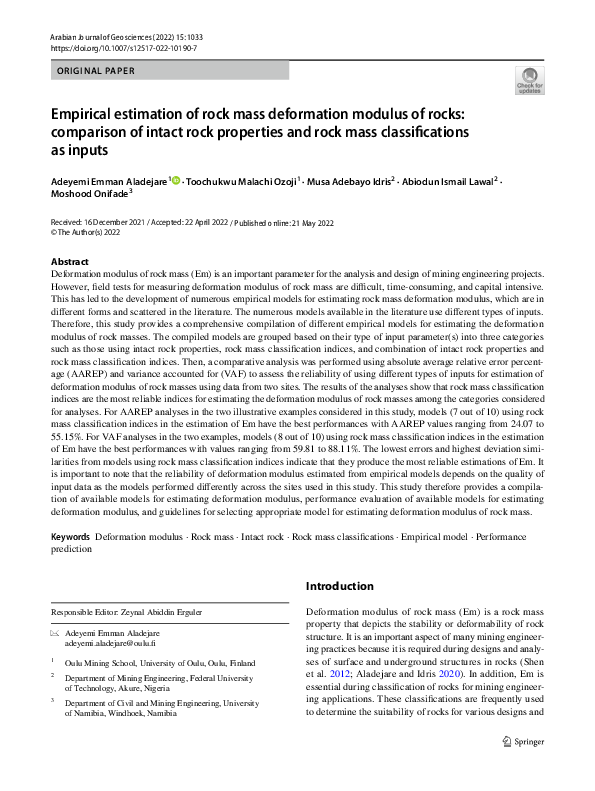 Pdf Empirical Estimation Of Rock Mass Deformation Modulus Of Rocks Comparison Of Intact Rock