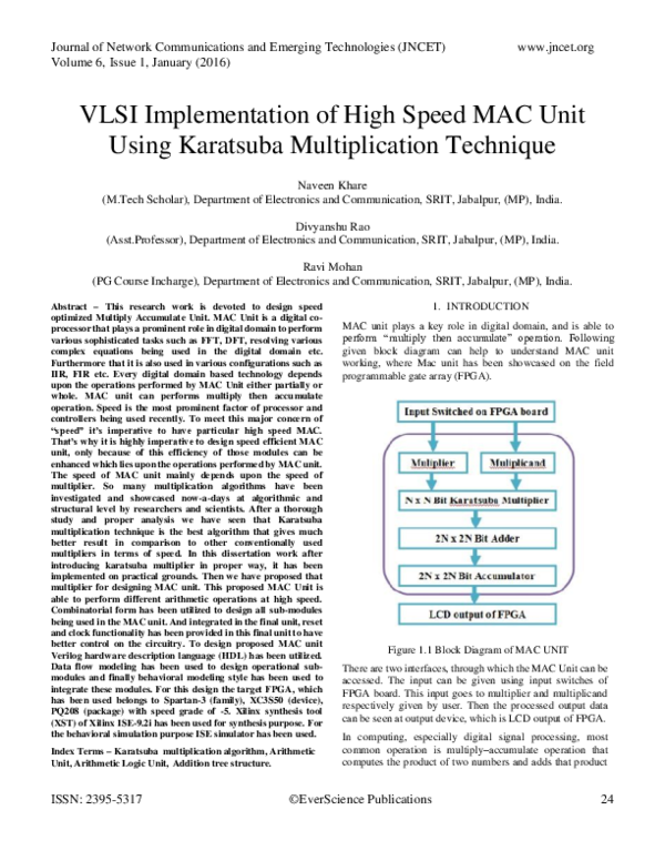 Pdf Vlsi Implementation Of High Speed Mac Unit Using Karatsuba Multiplication Technique